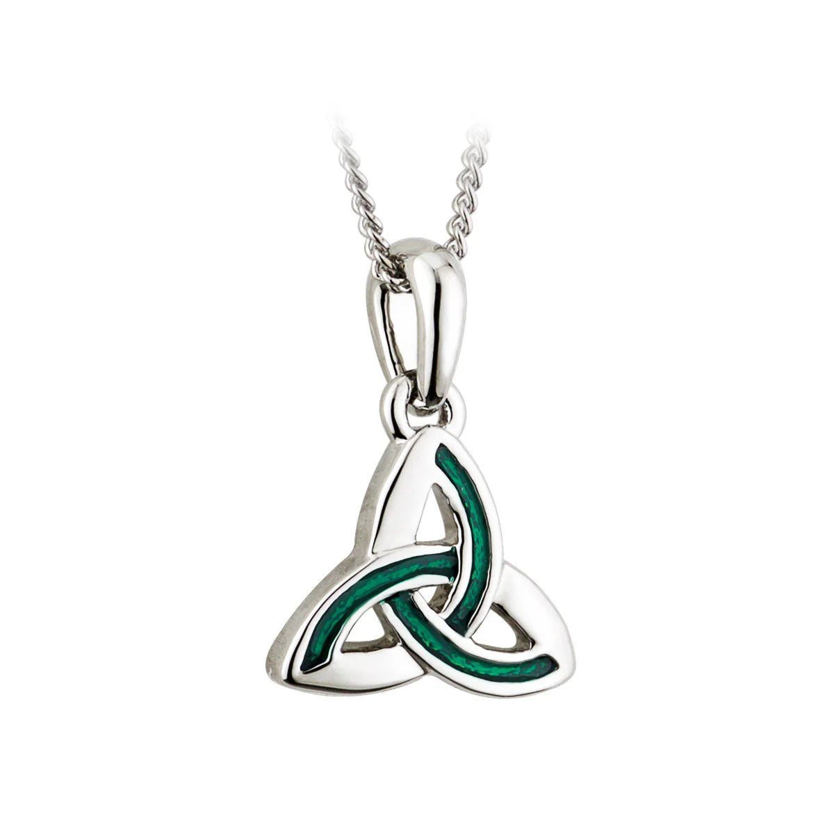 Rhodium Plated Trinity Knot Necklace with Green Enamel – The Celtic Rose